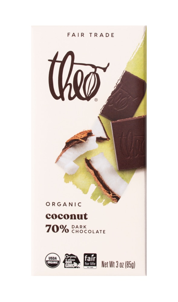 Theo Organic 70 Dark Chocolate Bar Coconut 3 Oz Vitacost