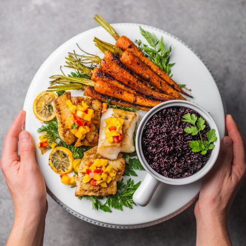 Fresh Fish with Black Rice & Lemon-Thyme Roasted Carrots