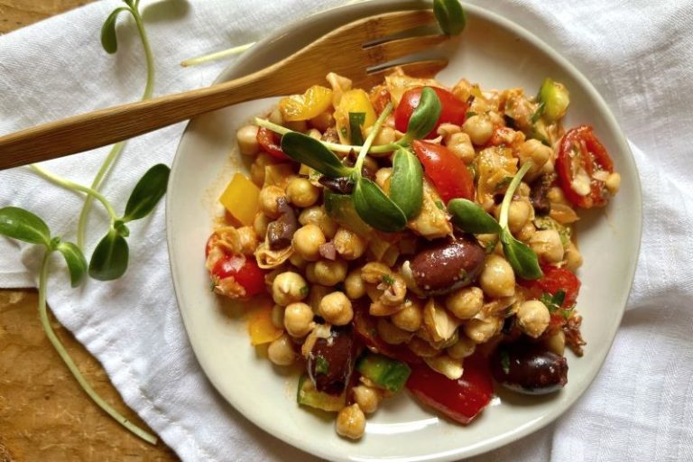 Mediterranean Chickpea Salad with Roasted Pepper Dressing