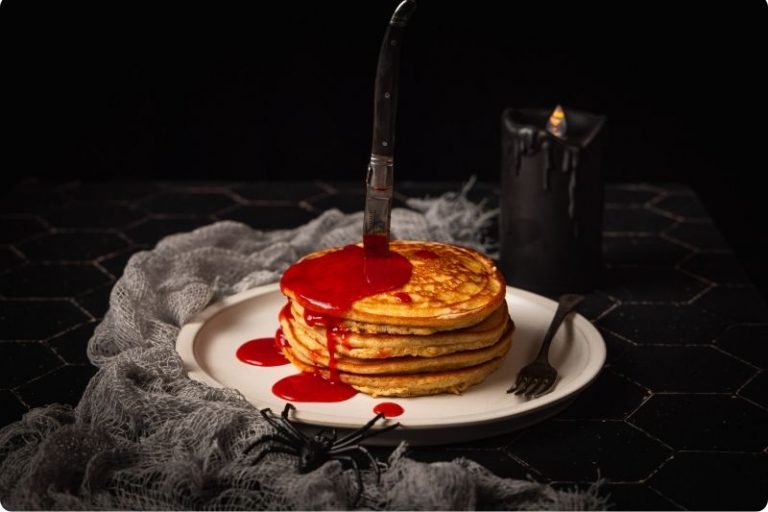 Spooky Pancakes With Strawberry “Blood” Sauce